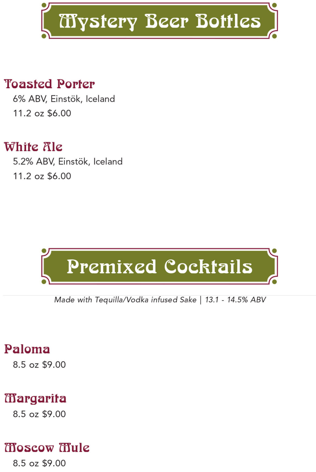 Menu – La Trattoria Bohemia