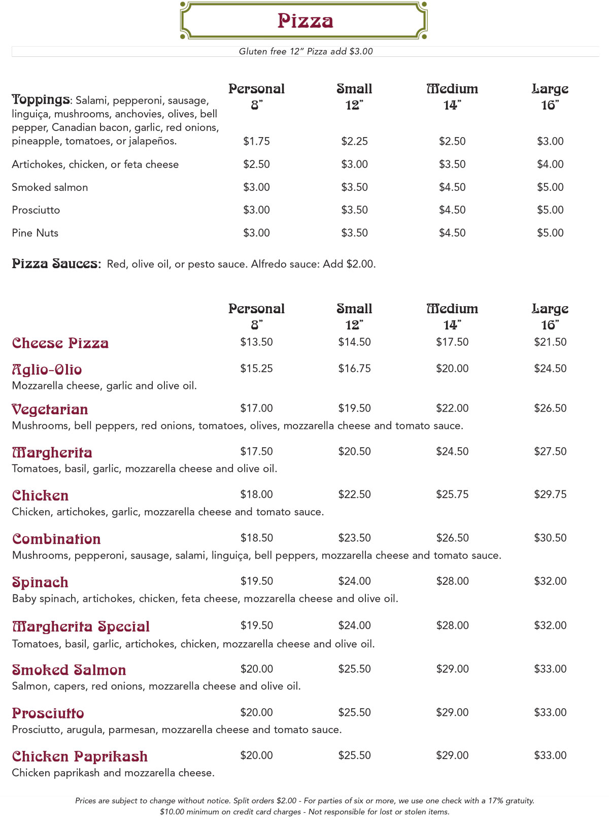 Menu – La Trattoria Bohemia